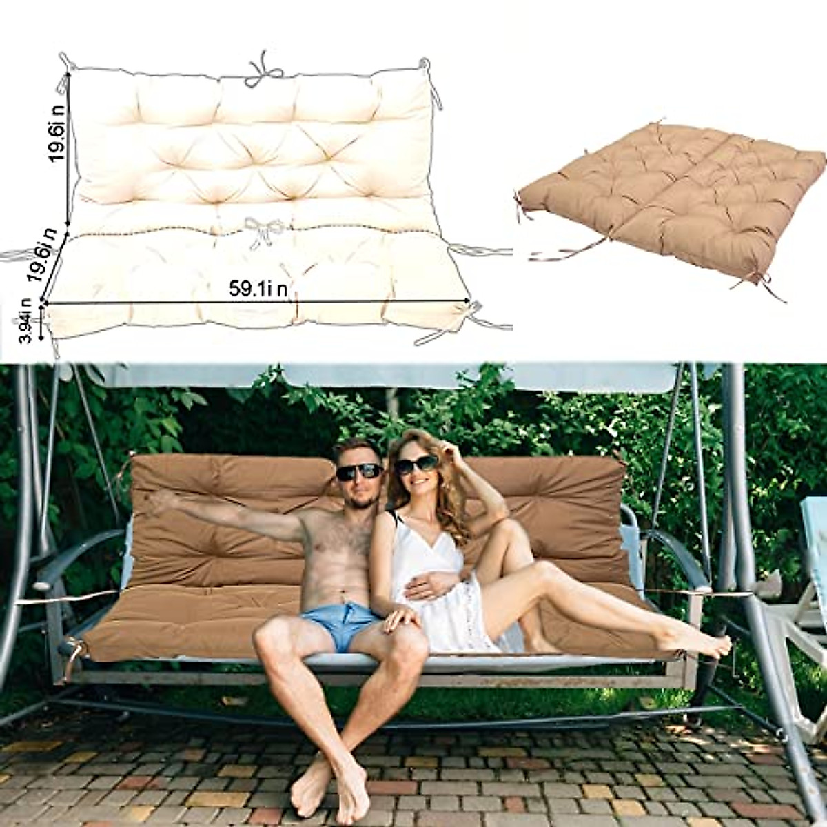 Mrzneaoch Porch Swing Cushion with Backrest and Ties 3 Seat Swing Cushion Replacement Thicken 4" Outdoor Swing Cushions for Outdoor Cushions for Patio Furniture (60 * 40 * 4 inch)