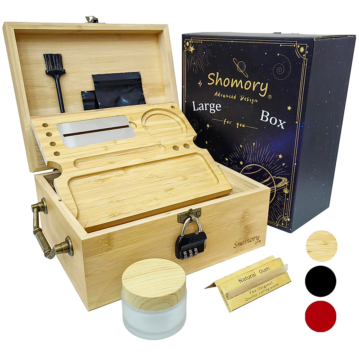 Shomory Wooden Smell Proof Stash Box with Rolling Tray Combo, Bamboo Large Locking Kit Glass Jar Paper, Secret Storage Herb Accessories