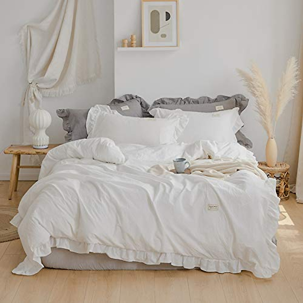 4 Pieces Vintage Stone Washed Cotton Bedding Sets Girls Princess Ruffle Duvet Cover Pillowcases Full Queen Size Bed Sheets White/Pink/Sage Green/Grey (41YS-1-White, Queen Size 4pcs)