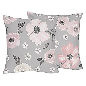 Sweet Jojo Designs Grey Watercolor Floral Decorative Accent Throw Pillows - Set of 2 - Blush Pink Gray and White Shabby Chic Rose Flower Farmhouse