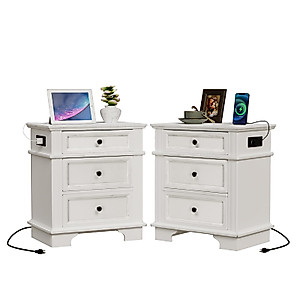 VINGLI White Nightstand Set of 2, 24" W Nightstand with Charging Station, 3 Drawer Nightstand with Textured Drawers, Large Nightstand Wood, Bedroom Nightstand, Bedside Table,Vintage Night Stand