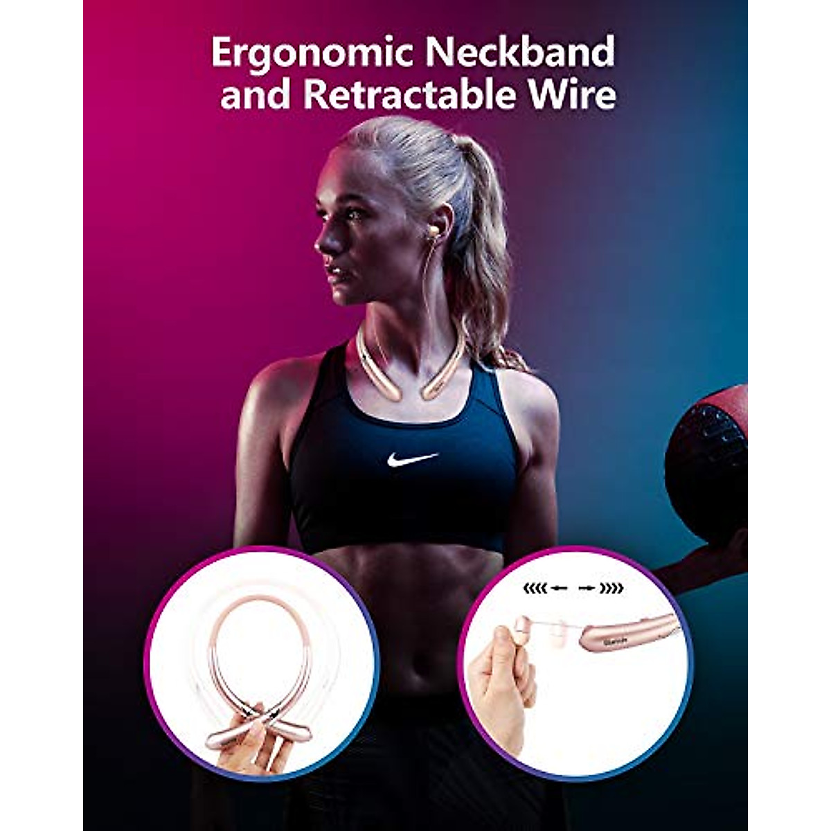 Bluenin Bluetooth Headphones, Bluetooth Neckband Wireless Headphones Bluetooth 5.0 Retractable Earbuds Stereo Headset CVC 8.0 Noise Cancelling Call Vibrate Alert Earphones with Mic (Rose Gold)