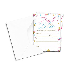 Abstract Gender Reveal Invitations with Envelopes (15 Pack) Blank Invites for Baby Revealing He or She Party – Pink and Blue Theme Boy or Girl – Fill-In Details on Printed Invite Card Set 4x6