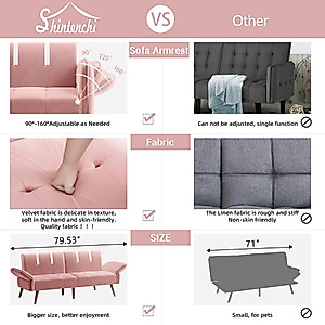 Shintenchi Futon Sofa Bed Modern Folding Sleeper Couch Bed for Living Room,Velvet Loveseat Sofa Couch Sofa cama for Apartments Office Small Spaces,w/Adjustable Armrests Backrest,Pink