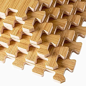 FOREST FLOOR Thick Printed Foam Tiles, Premium Wood Grain Interlocking Foam Floor Mats, Anti-Fatigue Flooring, 3/8" Thick, Light Bamboo, 24 Square Feet (6 Tiles)