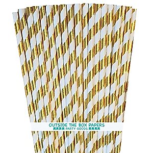 Gold Foil Paper Straws - Striped - Valentine - Wedding Party Supply - 7.75 Inches - 100 Pack - Outside the Box Papers Brand