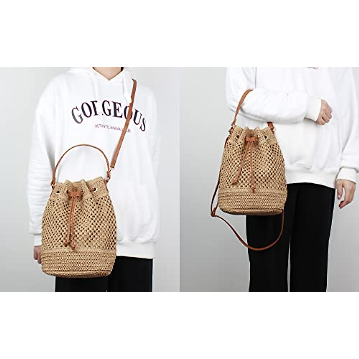 Women Small Hollow Out Straw Woven Drawstring Crossbody Bag Top-handle Bag Bucket Bag