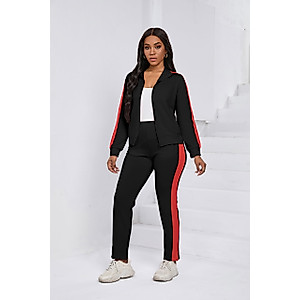 PINSV Womens Tracksuit Two Piece Outfits Long Sleeve Zip Up Jacket Jogger Casual Sweatsuit Matching Sets Track Suits Black Red XL