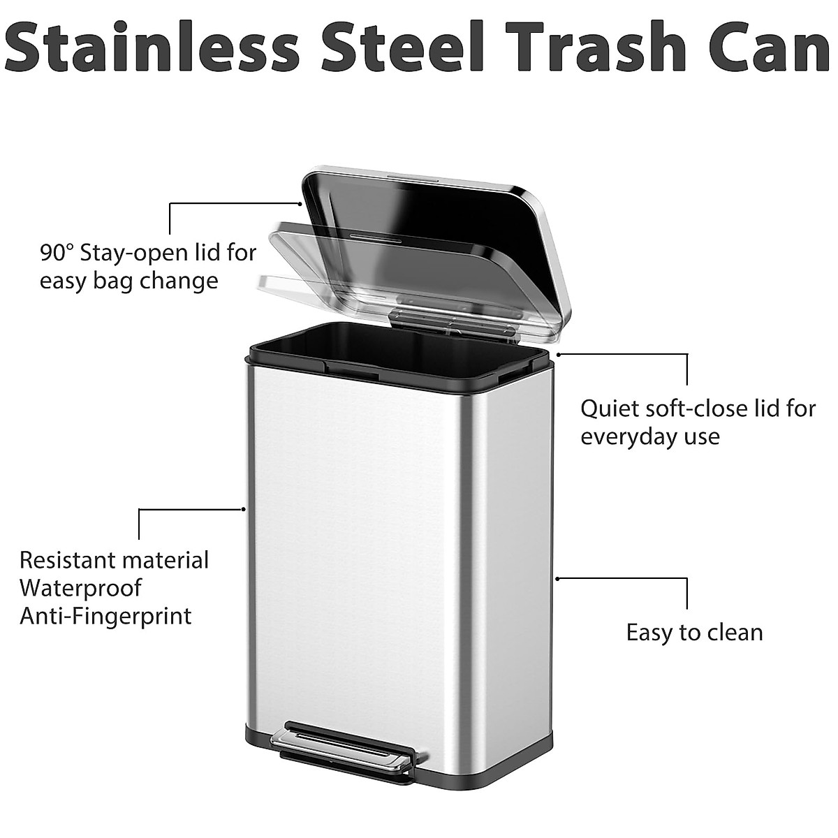 WELYFE Trash Can Set 13.2 Gallon and 2.1 Gallon, Rectangular Kitchen Waste Bins with Soft-Close Lid, Step-on Pedal, Stainless Steel, 50 Liter and 8 Liter