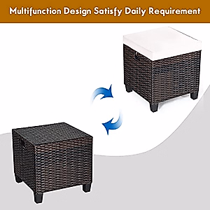 RELAX4LIFE 2-Piece Patio Ottoman Set - Wicker Footstools, All Weather PE Rattan Ottoman with Removable Cushions, Square Footrest Seat, Outdoor Stools for Garden, Porch, Pouf Ottoman (Cream)