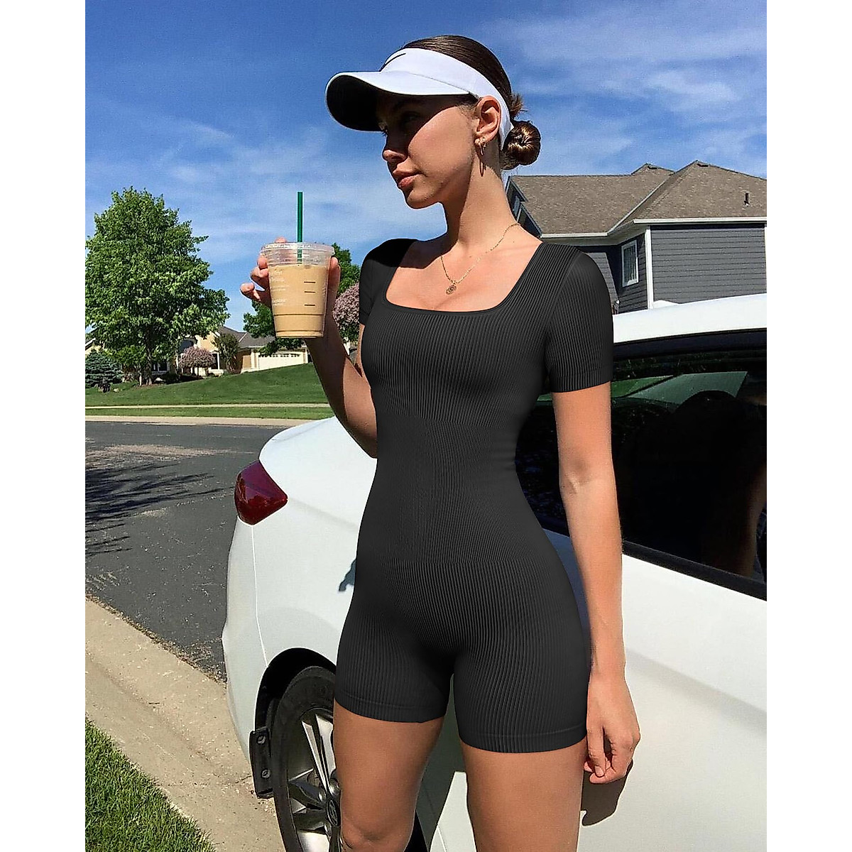 OQQ Women Yoga Rompers Workout Ribbed Short Sleeve Sport Romper Black