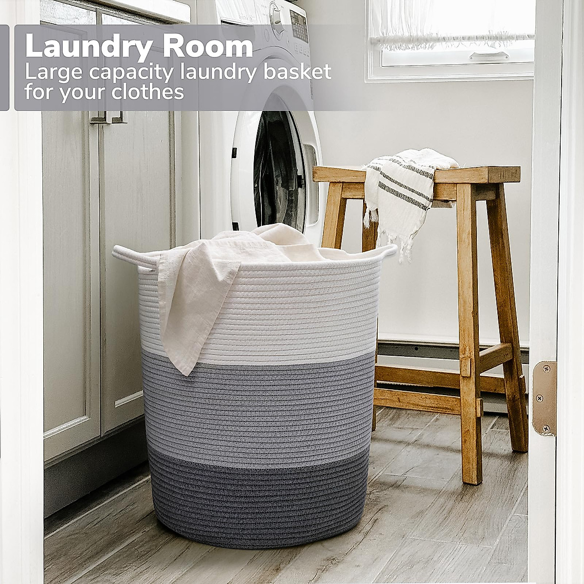 INDRESSME 17¾ x 15¾ x 13¾ inches Grey Baby Laundry Basket Thread Cotton Rope Basket Toy Storage Basket Organizer Tall Woven Basket Blanket Storage Baby Laundry Nursery Hamper for Living Room Toy Gifts