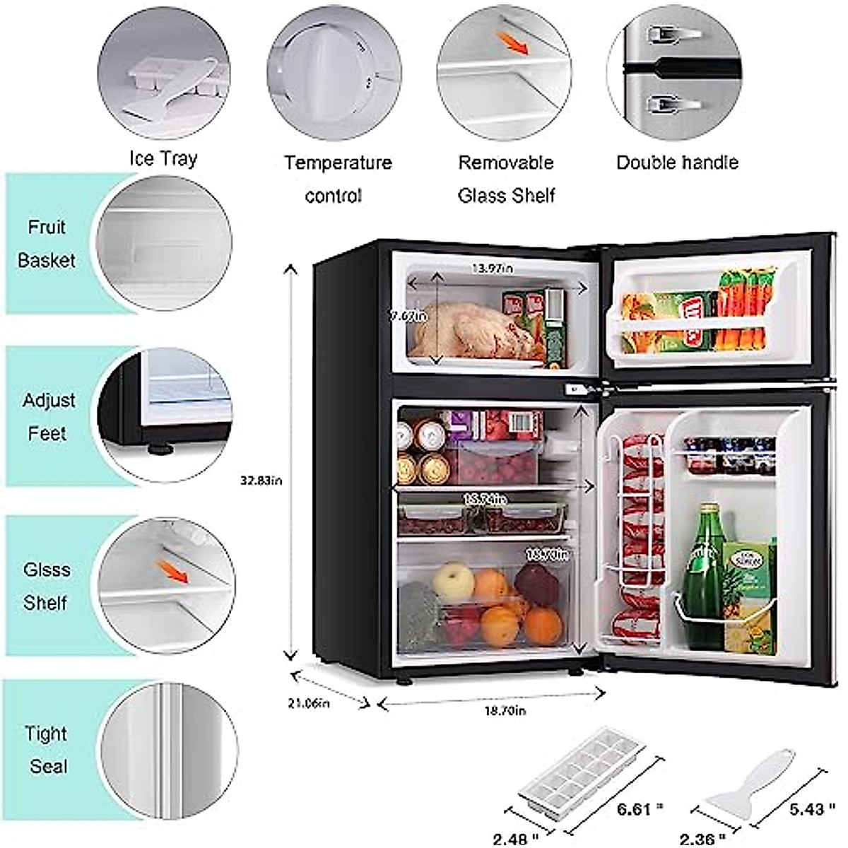 Antarctic Star Mini Refrigerator 3.2Cu.Ft Compact Fridge Defrost Double Doors Freezer Energy Saving Storage of Beverages Vegetables Fruits Suitable for Kitchen Living Room Office Dorm Grey