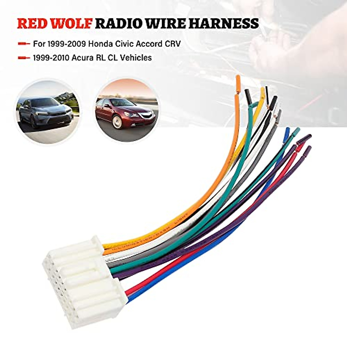 RED WOLF Car Radio Reverse Wiring Harness Female Connector Adapter Replace Factory OE OEM Wire Cable Compatible with 1999-2009 Honda Civic Accord CRV, 1999-2010 Acura RL CL Vehicles