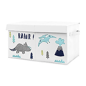 Sweet Jojo Designs Navy Blue, Turquoise and Grey Modern Dino Boy Baby Nursery or Kids Room Small Fabric Toy Bin Storage Box Chest for Mod Dinosaur Collection
