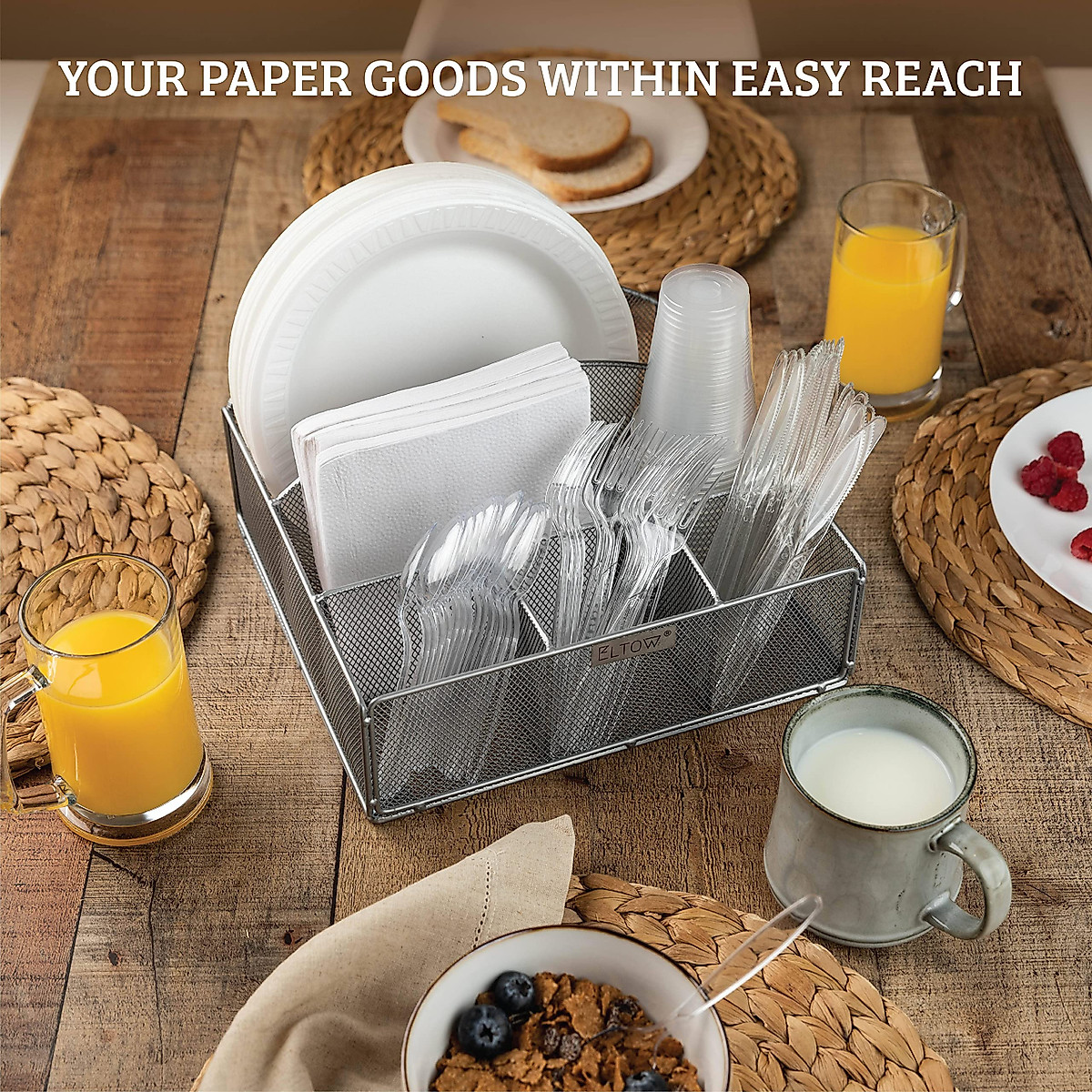 ELTOW Paper Plate holders and Buffet Caddy Large Cutlery holder for party, Fork, Knives, Cups Holder -Sturdy Napkin and Tableware Dispenser -For Home, Restaurant, Office -Utensil Caddy for parties