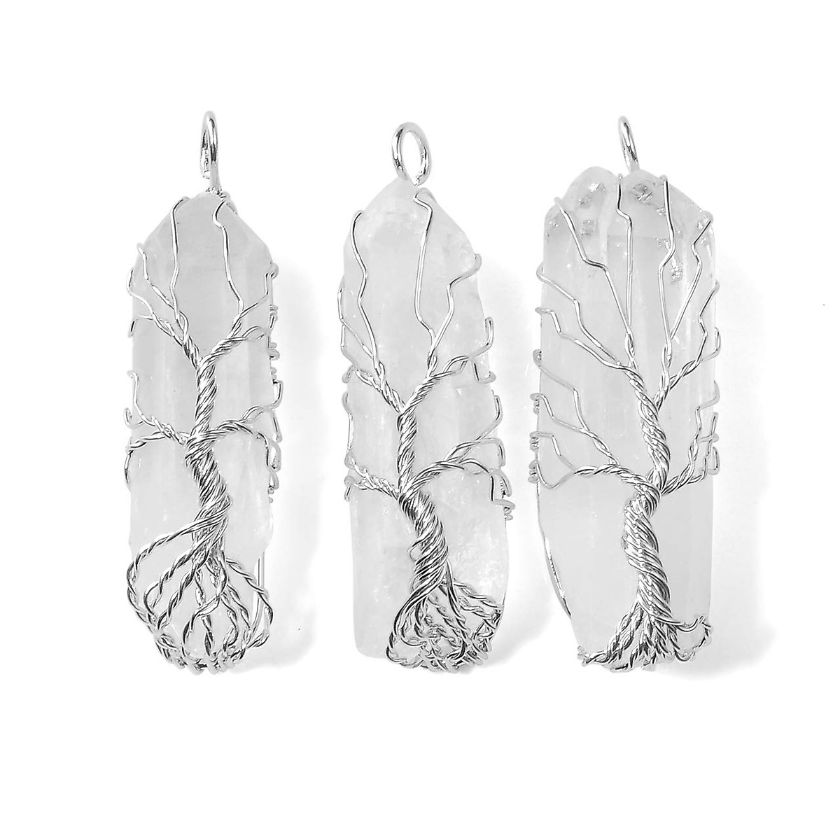 Top Plaza Natural Raw Stone Healing Crystal Necklace Silver Life Tree Wire Wrapped Clear Quartz Point Pendant For Womens Ladies Mothers Day Mom Gifts