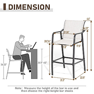 VredHom Outdoor Metal Bar Stools, Patio Bar Stools Set of 4 Counter Height Chairs Steel Bar Chairs Lightweight Patio Furniture with Textilene, Armrest and Footrest, Light Grey