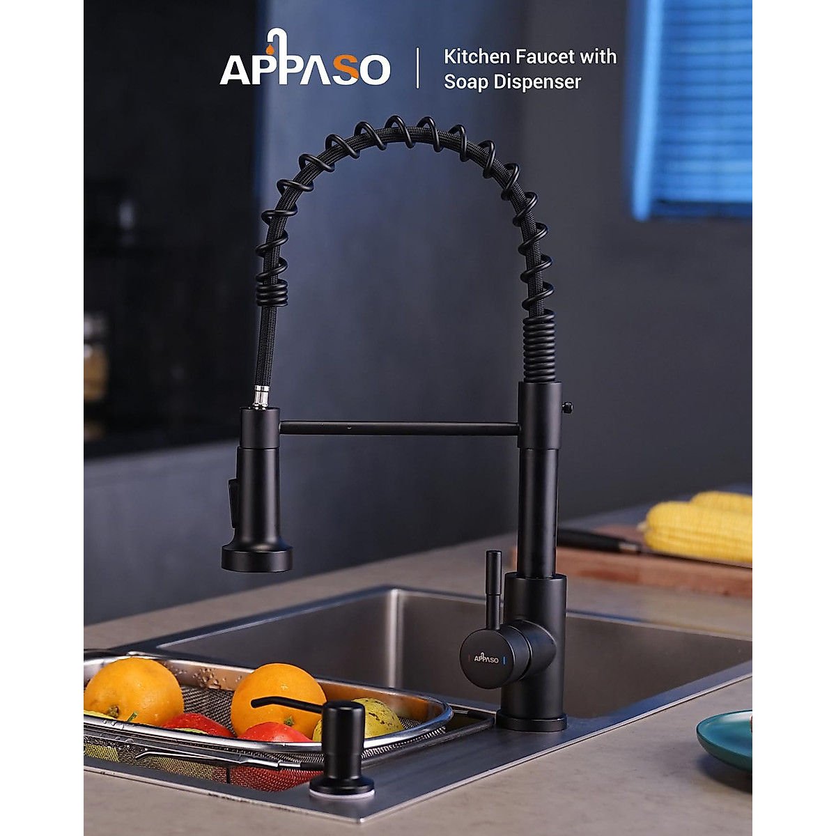 APPASO Black Kitchen Faucet with Soap Dispenser and Pull Down Sprayer, SUS304 Stainless Steel Commercial Single-Handle Spring Faucet for Kitchen Sink, Matte Black