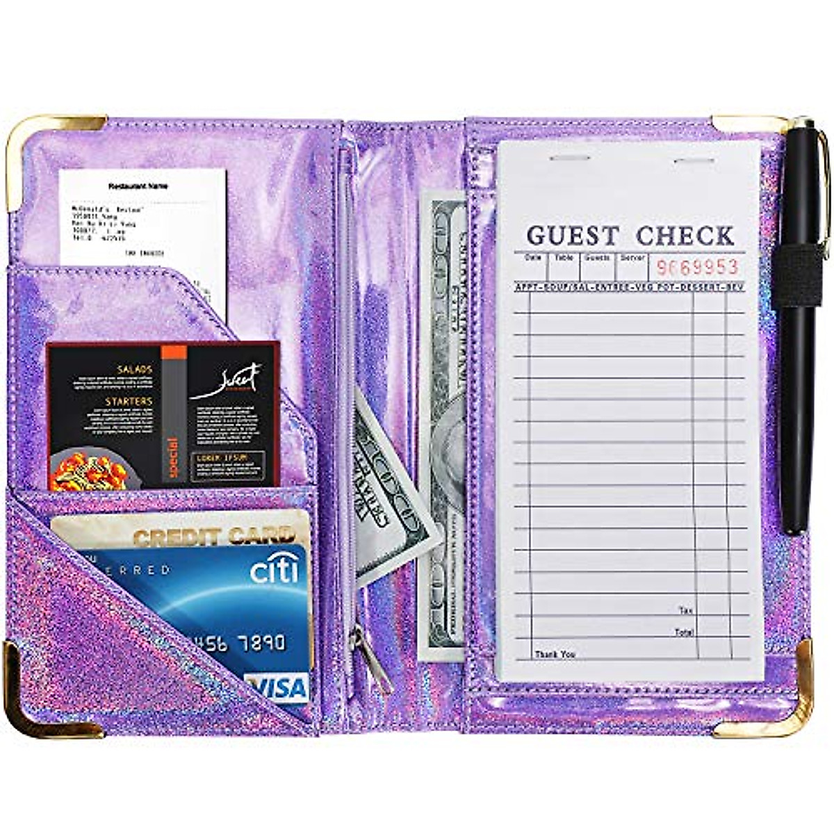 Server Book - Waitress/Waiter Book Organizer with Zipper Pouch, Guest Check Book Holder Money Pocket Restaurant Waitstaff Organizer (Purple)