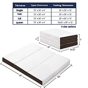 BedLuxury 4 Inch Tri Folding Mattress Queen Size with Storage Bag, Foldable Memory Foam Topper Portable Floor Guest Bed with Removable Bamboo Cover, Breathable Washable