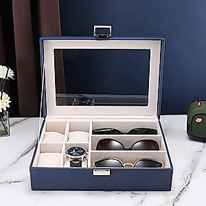IVZISOWatch Box Display Cabinet Glasses Organizer, Jewelry Organizer, 4 Compartment Watch Organizer and 3 Compartment Glasses Case, Best Gift for Men and Women (Blue)