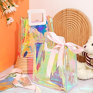 Saintrygo 4 Pcs Valentine's Day Small Gift Bags Holographic Iridescent Bags Clear Reusable Gift Tote Bags PVC Wrap Bag for Valentine's Day Bridal Baby Shower Birthday Wedding Party(8.3 x 8 x 4 Inch)