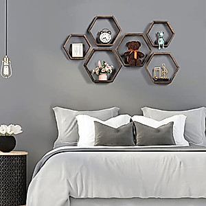 NANANARDOSO Hexagon Shelves for Wall, Pack of 6 Honeycomb Wall Shelves, Wood Farmhouse Storage Home Decor Shelf for Bathroom, Living Room, Office, Bedroom, Driftwood Finish, Brown.