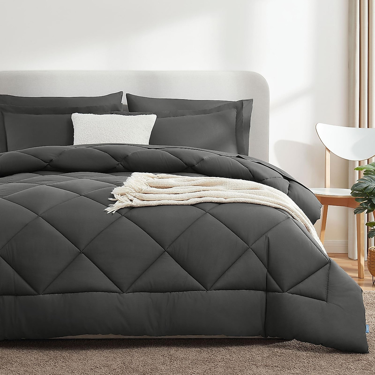 CozyLux Queen Bed in a Bag 7-Pieces Comforter Sets with Comforter and Sheets Dark Grey All Season Bedding Sets with Comforter, Pillow Shams, Flat Sheet, Fitted Sheet and Pillowcases