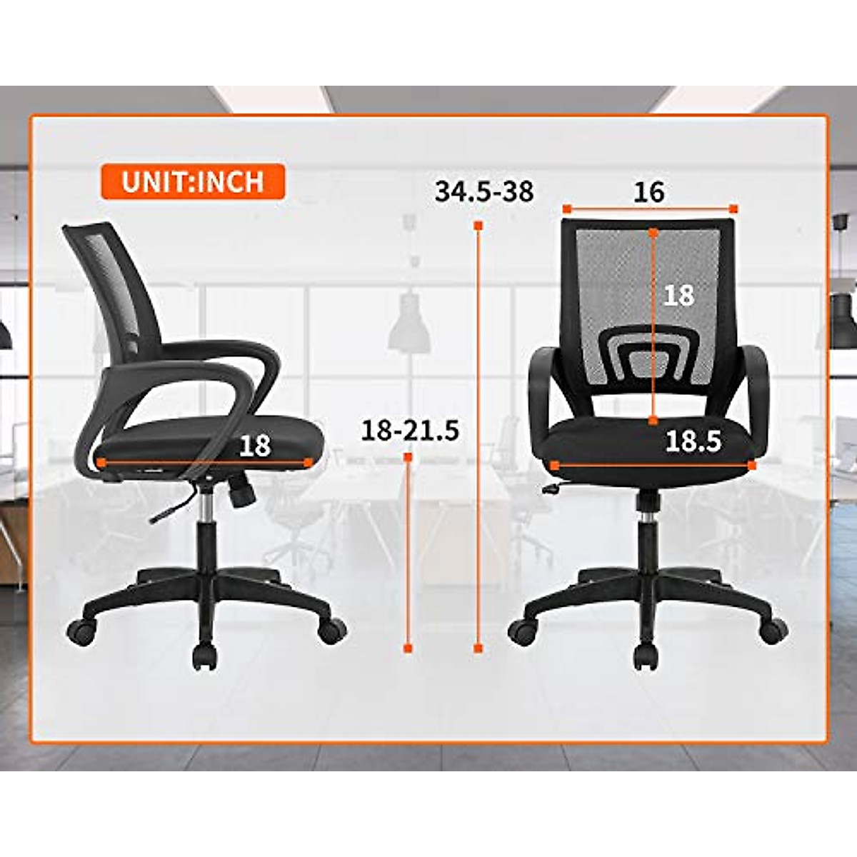 OffiClever Mid Back Mesh Computer Swivel Desk Task Ergonomic Executive with Armrests, Black