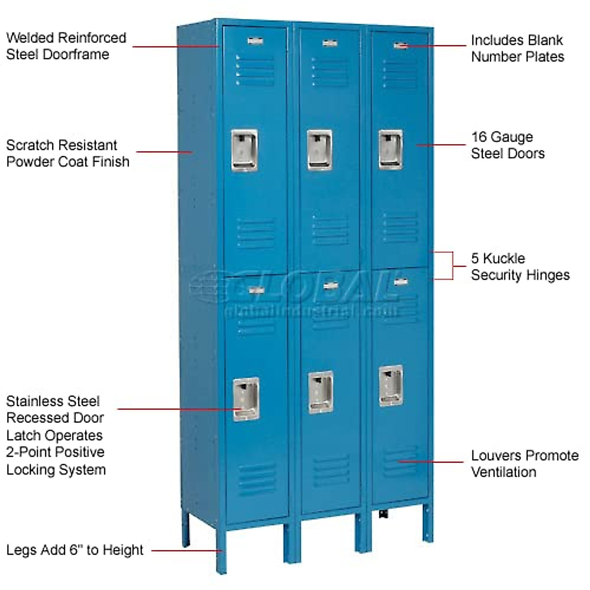 Global Industries Double Tier Locker, 12x18x36, 6 Door Unassembled, Blue