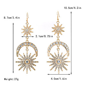 Exaggerated Luxury Sun Moon Stars Drop Earrings Rhinestone Punk Earrings for Women Jewelry Golden Boho Vintage Statement Earrings