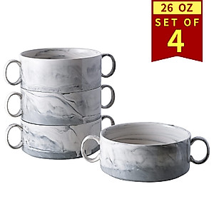 Yundu 26 Ounces Grey Marble Porcelain Bowls with Handles, French Onion Soup Bowls, Microwave and Oven Safe Bowls - Stackable Handled Bowls Set of 4