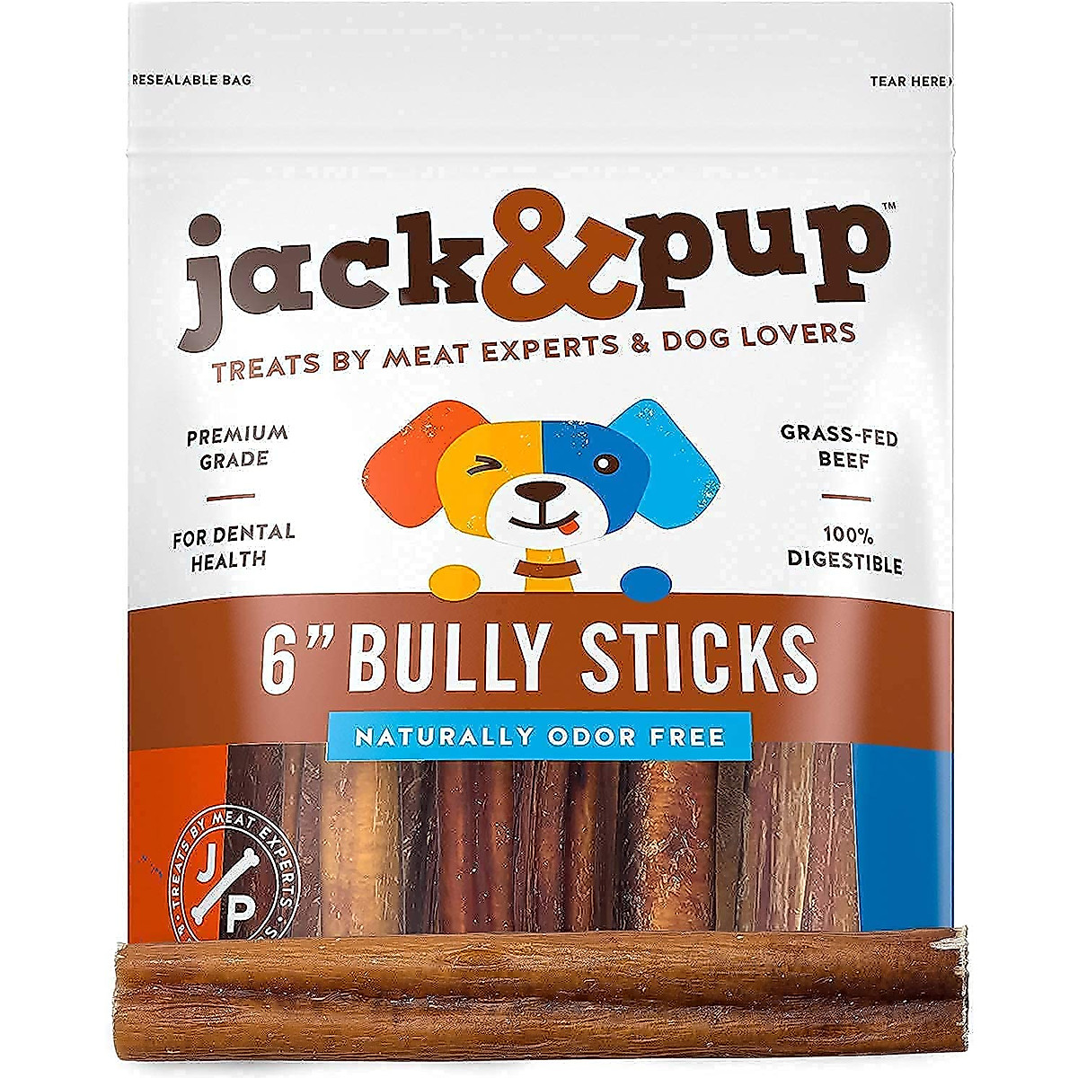 Jack&Pup Bundle - Bully Sticks + Pro-Digest Supplements | 6-Inch Odor Free [Standard Size] Bully Sticks (25 Pack) | Pro-Digest Probiotics for Dogs (60 Chews)…