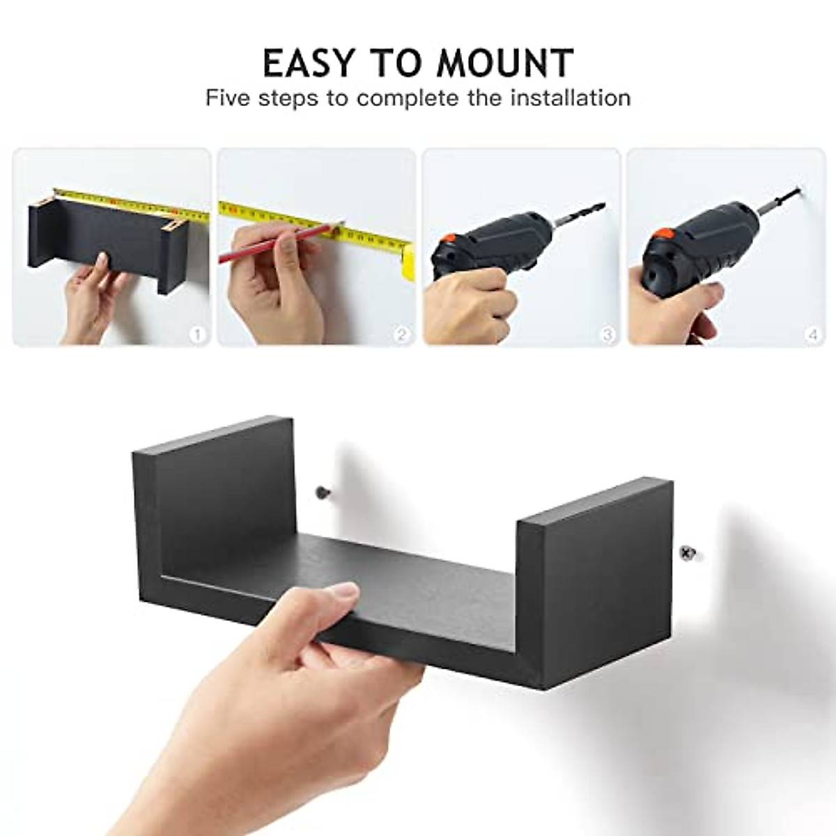 AMADA HOMEFURNISHING Floating Shelves U-Shaped, Wall Shelf 3 Sizes, Black Floating Shelves for Bathroom/Bedroom/Living Room/Kitchen - AMFS13-B