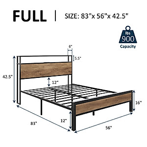 AMERLIFE Full Size Bed Frame Industrial Platform Bed with Charging Station, 2-Tier Storage Headboard/No Box Spring Needed/Noise-Free/Rustic Brown