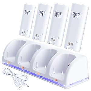 OSTENT Charger Dock Station + 4 Battery Packs for Nintendo Wii Remote Controller Color White
