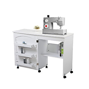 ANNECOSK Sewing Machine Table, Folable Craft Table with Storage Cabinet, Rolling Lockable Wheels, White