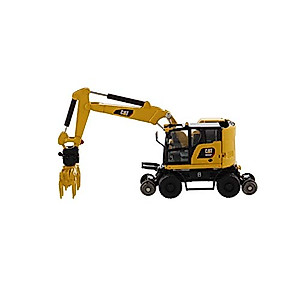 1:87 Caterpillar M323F Railroad Wheeled Excavator, Safety Yellow Color – HO Series by Diecast Masters – 85612 (Comes with 3 Interchangeable Work tools: Ballast Tamper, Rail Clamshell, and Bucket