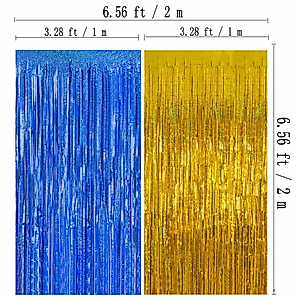 MORANTI 3.28 ft x 6.56 ft Sparkle Metallic Tinsel Foil Fringe Curtains for Party Photo Backdrop Graduation Anniversary Party Decorations (Shiny Blue Gold，2 Pieces)