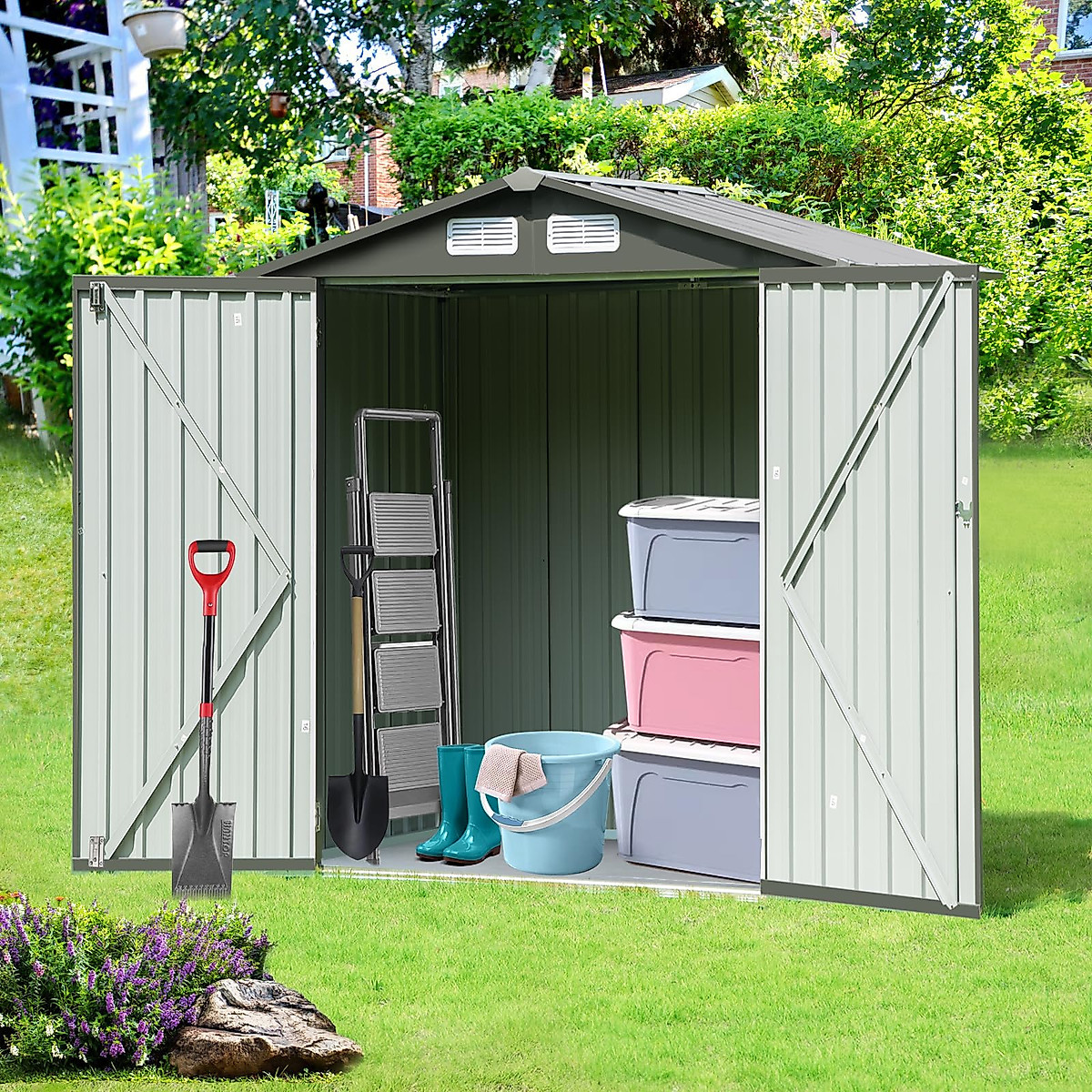 Metal Outdoor Storage Shed 6×4 FT with Double Lockable Doors, Heavy Duty Galvanized Large Garden Shed with Air Vent, Tool Sheds Storage House for Backyard Garden Patio Lawn-Dark Gray