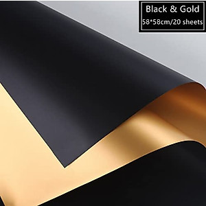 XICHEN 20 Sheets Florist Bouquet Supplies,DIY Crafts,Gift Packaging or Gift Box Packaging, Pearl film and Flow golden two-color Double sided flowers wrapping paper 22.8 * 22.8Inch (Black & Gold)