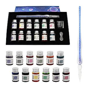XIAOYU Glass Dip Pen Set, Calligraphy Pen Set, Happy Planet Glass Pen Set, 15-Piece Kit, Crystal Glass Pen & Pen Holder & Cleaning Cup & 12 Bottle Ink, Purple