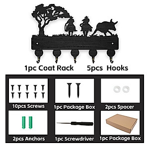 BEUNITONE Cowboy Wooden Key Holder for Wall Cow Coat Hooks Tree Wood Key Rack 11.8x7.9 Towel Display Hanger Wall Mounted with 5 Hooks and Screws for Entryway Front Door Kitchen Hallway Office