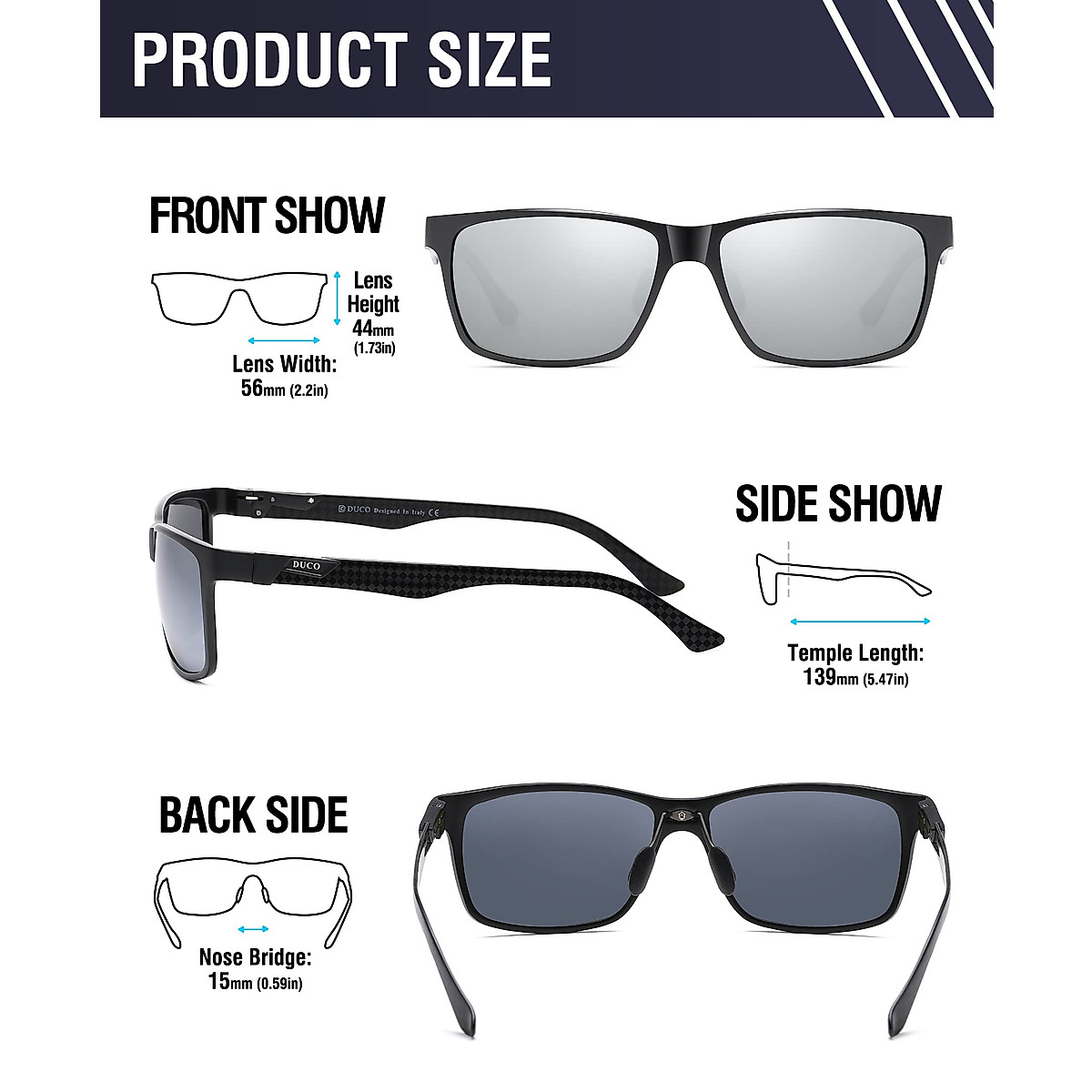 DUCO Square Polarized Sunglasses for Men LightWeight Carbon Fiber UV400 Protection Sun Glasses 8206