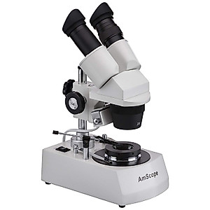AmScope SE306-P-DK Binocular Stereo Microscope, WF10x Eyepieces, 20X and 40X Magnification, 2X and 4X Objectives, Upper and Lower Halogen Lighting, Reversible Black/White Stage Plate, Pillar Stand, 120V, Includes Darkfield Condenser