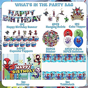 Spidey and Friends Birthday Decorations Include Banner, Backdrop, Balloons, Hanging Swirls, Cake Cupcake Toppers, Tablecloth for Spidey and His Amazing Friends Birthday Decorations