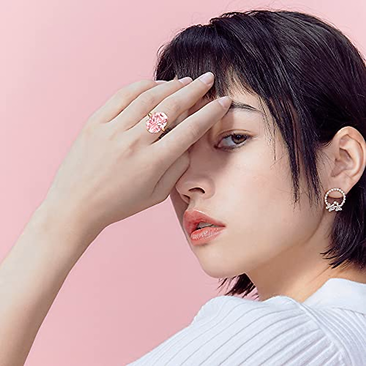 Linawe Rose Quartz Morganite Pink Diamond Cubic Zirconia Love Ring for Women, Rose Gold Fake Engagement Wedding Mood Adjustable Ring, Gemstone Rhinestone Costume Jewelry