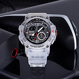 HOOSHU Mens Watches Tactical Watches for Men Analog Dual Display Sports Watch Military LED Stopwatch Electronic Large Waterproof (Crystal)