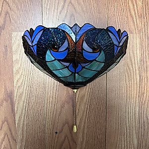 enjoy decor lamps Tiffany Sconces Half Moon Blue Green Stained Glass Pull Chain Switch LED Bulb Included for Bedroom Dining Room Living Room 7" H12 W